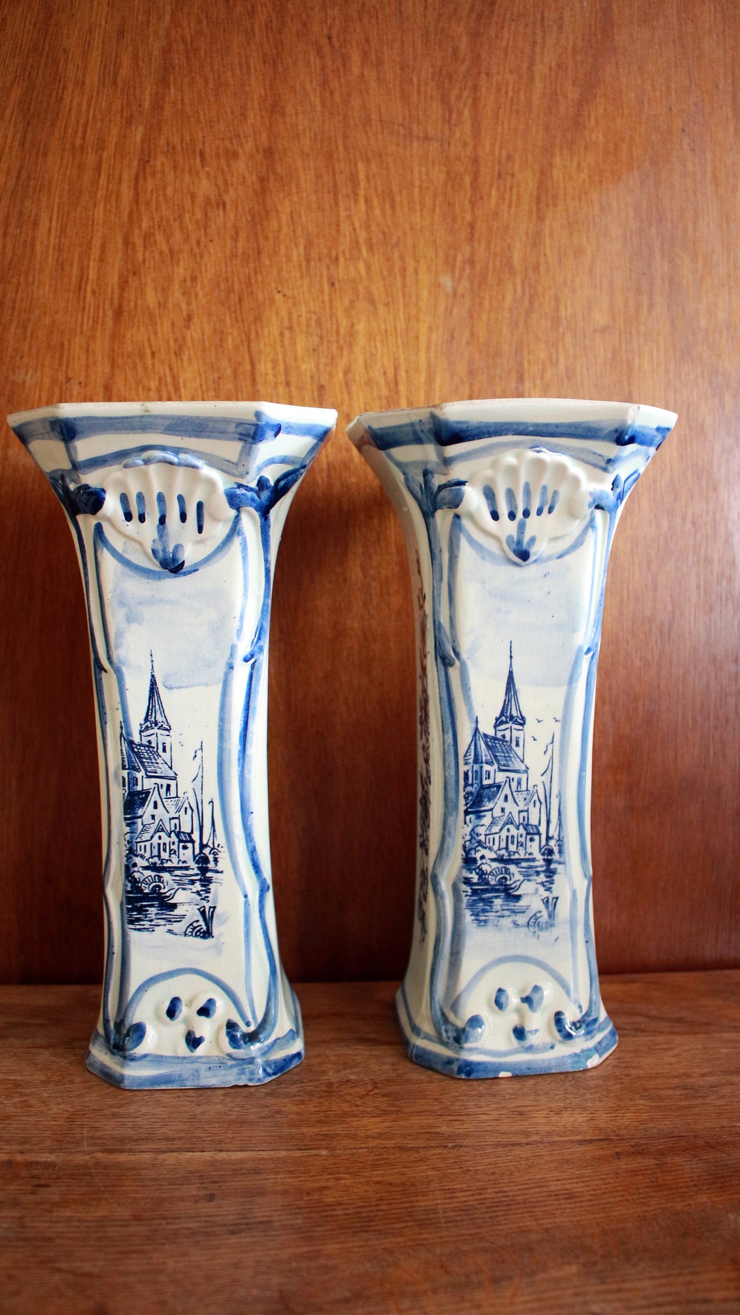 Vintage Delft Blue Set Vases Dutch 1950 Handpainted Village Scene - Etsy