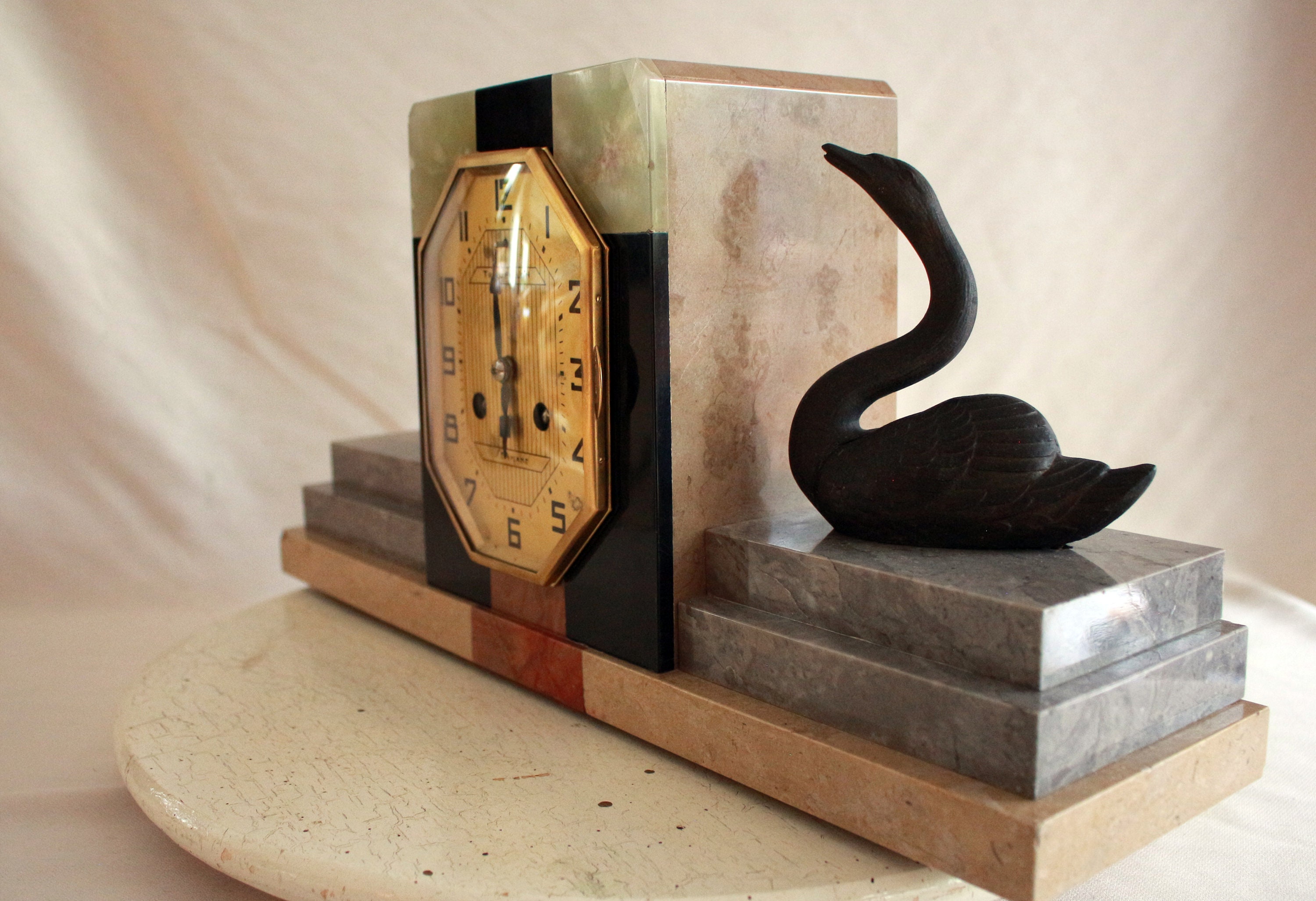 Art Deco French Clock Statue Swans Multicolored Marble Base With Onyx ...
