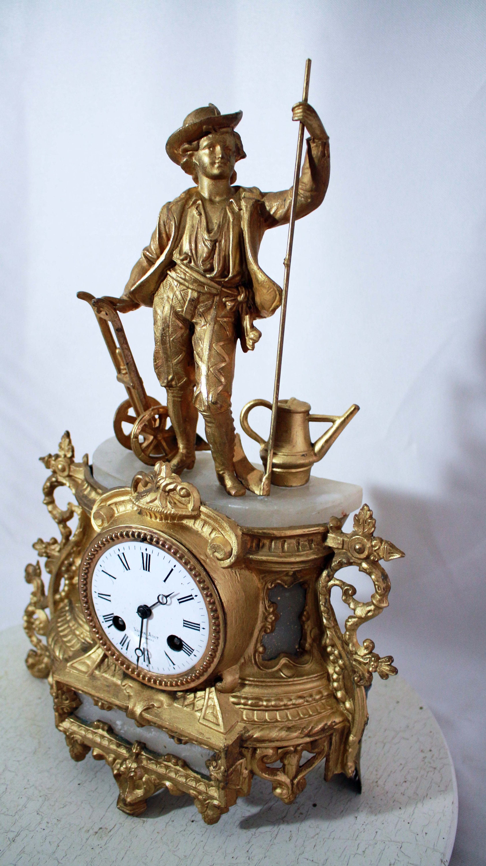 French Romantic Table Clock Statue With Alabaster Base Japy Freres ...