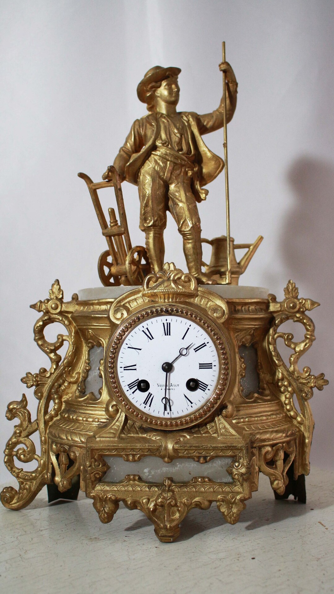 French Romantic Table Clock Statue With Alabaster Base Japy Freres ...