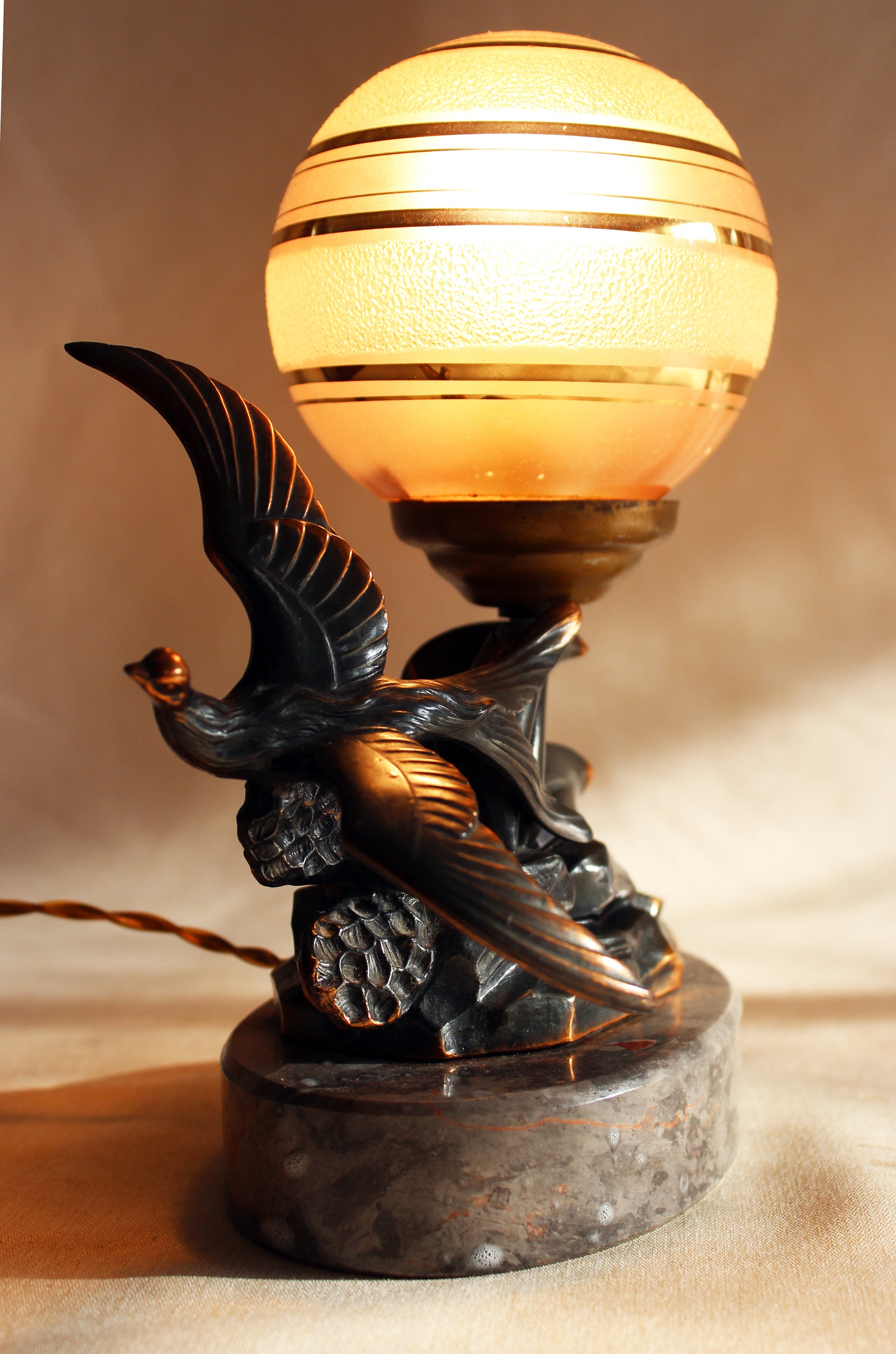 Art Deco French Table / Bedside Lamp Antique Marble, Signed Limousine ...