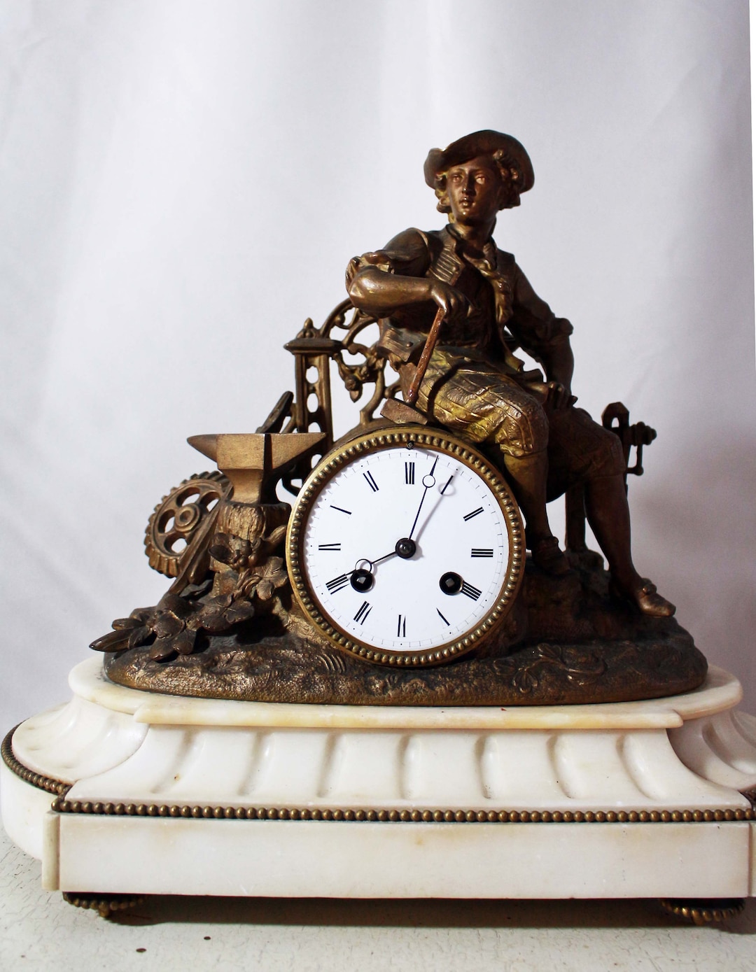 French Romantic Table Clock Worker With Alabaster Base Japy Freres ...