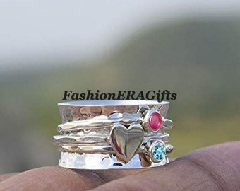Blue Topaz December Birthstone Silver Spinning Ring, Meditation Heart Spinner Ring, Fidget Ring ...