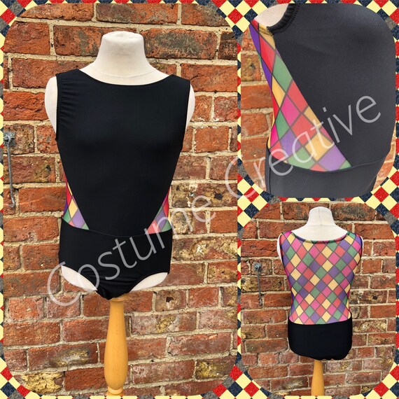 Sleeveless black leotard with coloured harlequin mesh back | Etsy