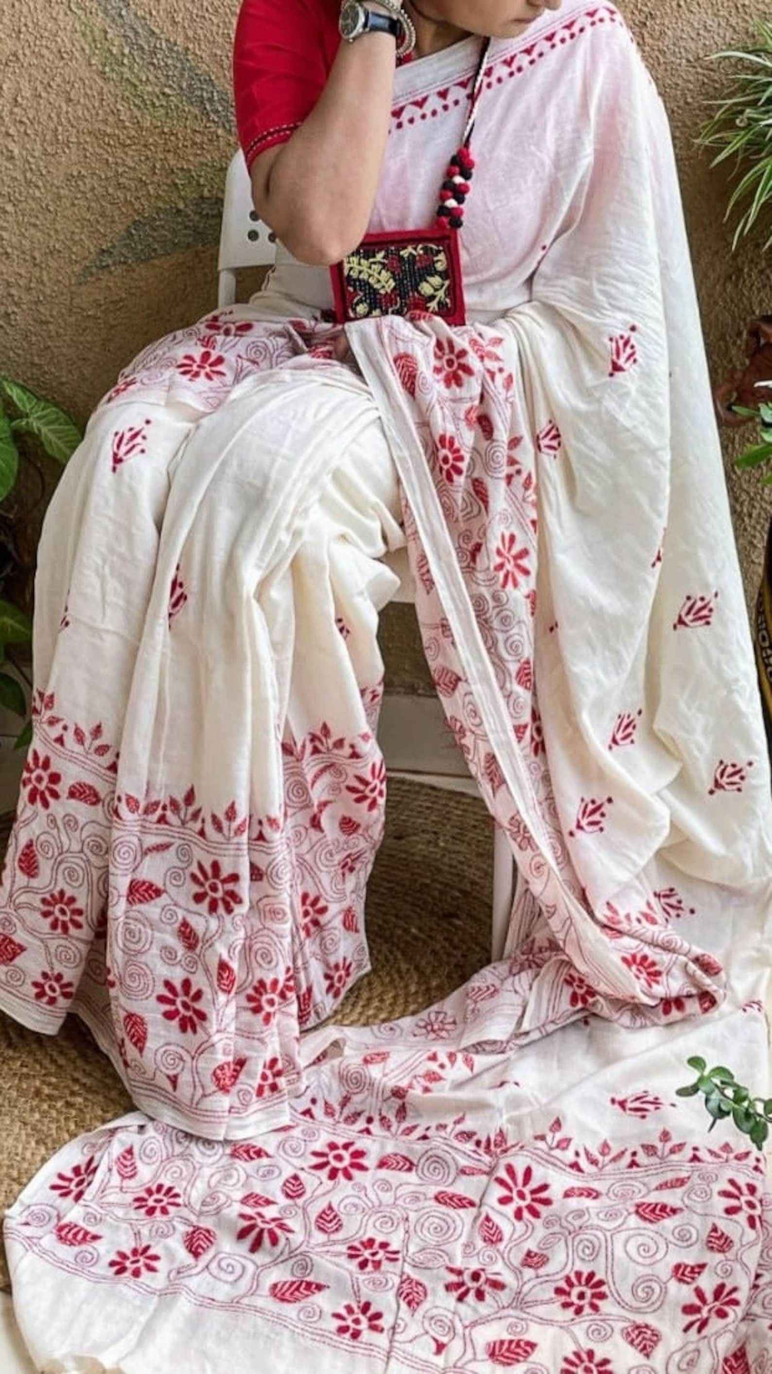 Kantha Stitch Pure Cotton Saree With Blouse Piece, Soft Mercerized ...
