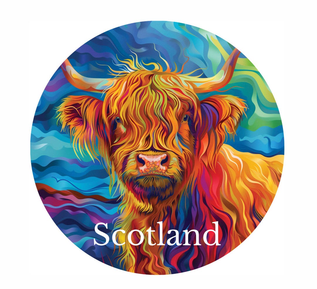 Colourful Highland Cow MDF Circle Wall Art Various Sizes Available ...