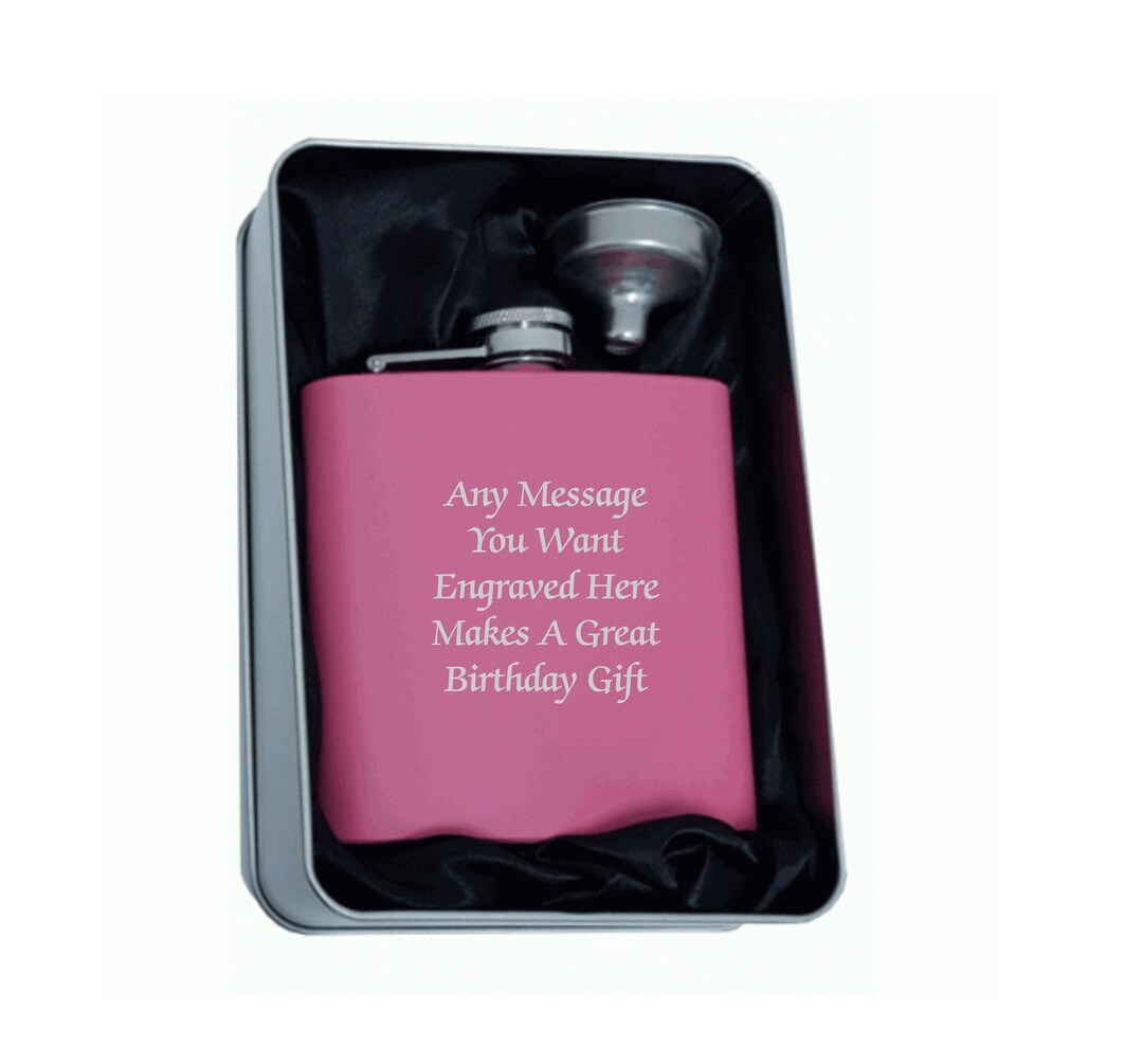 Personalised 6oz Matt Pink Hip Flask in A Silk Linned Metal Tin Gift ...