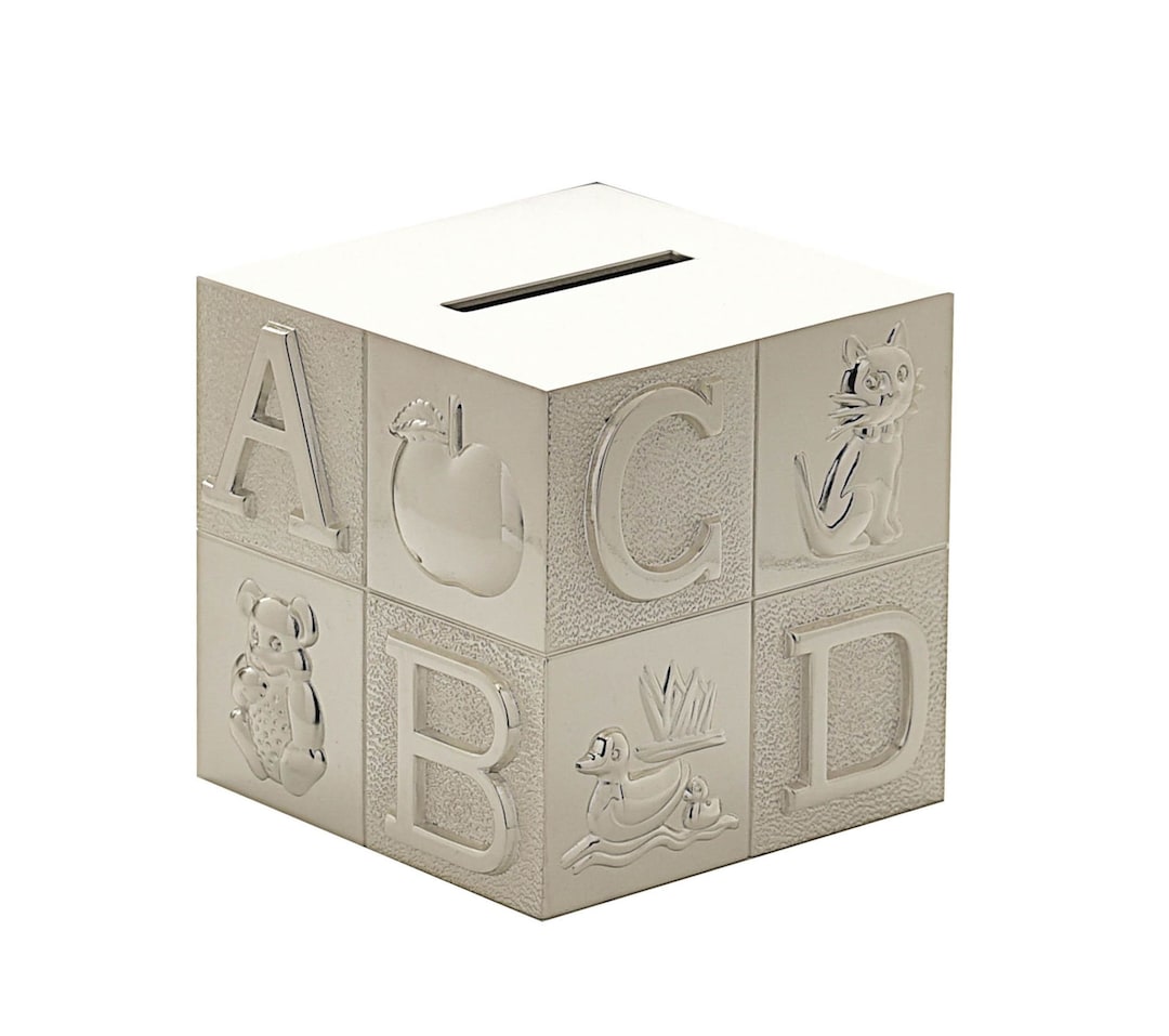 Personalised Engraved Silver-plated ABC Cube Bank Money Box Christening ...