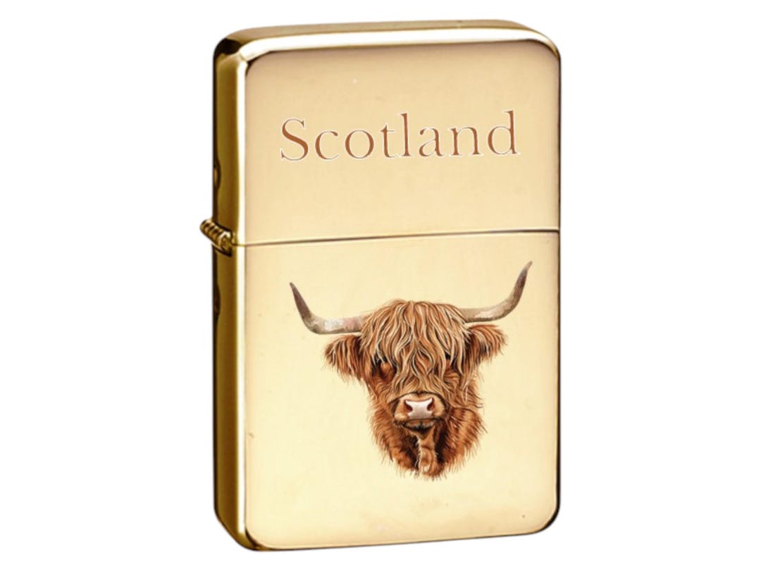 Highland Cow & Scotland Text Star Petrol Lighter in Metal Gift Tin ...