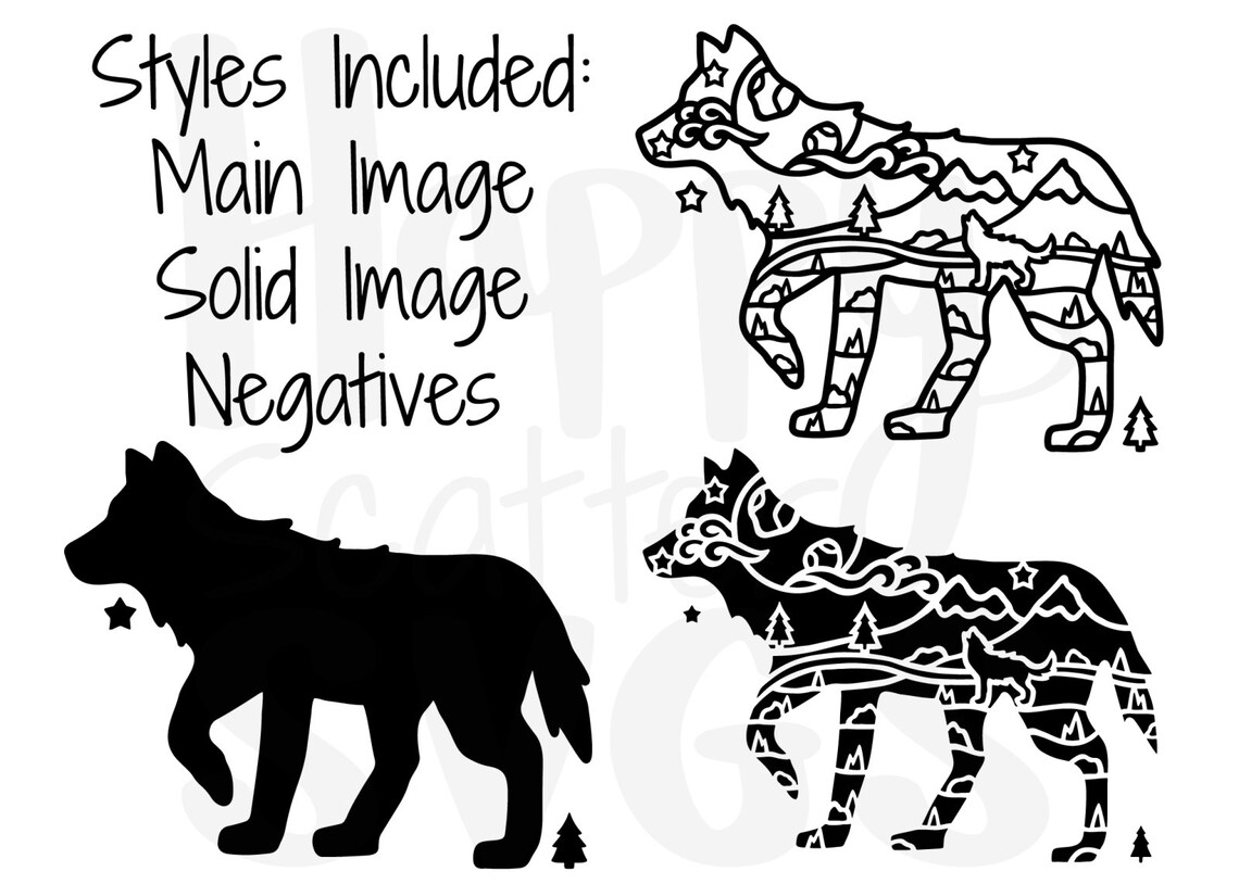 Filled Wolf SVG File, 3 Styles Included, Wolf With Mountains PNG, Wild ...