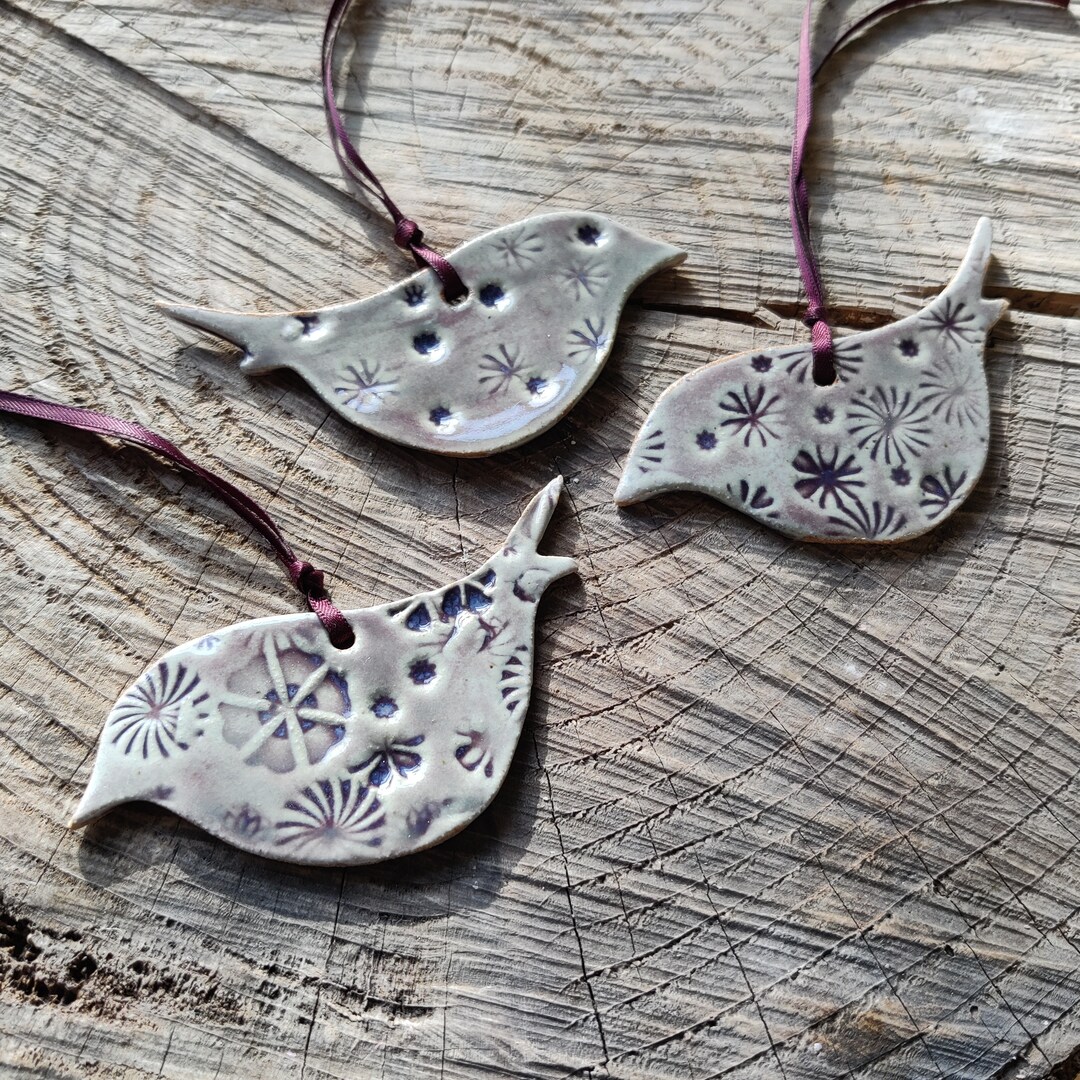 Stoneware Bird Decoration Hung on Ribbon Set of 3 Purple Bird ...