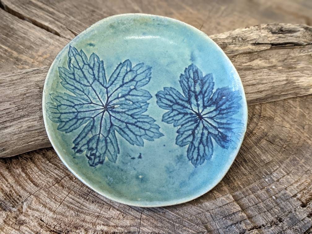 Ceramic Dish With Leaf Imprint in Turquoise Glaze Handmade Pottery ...