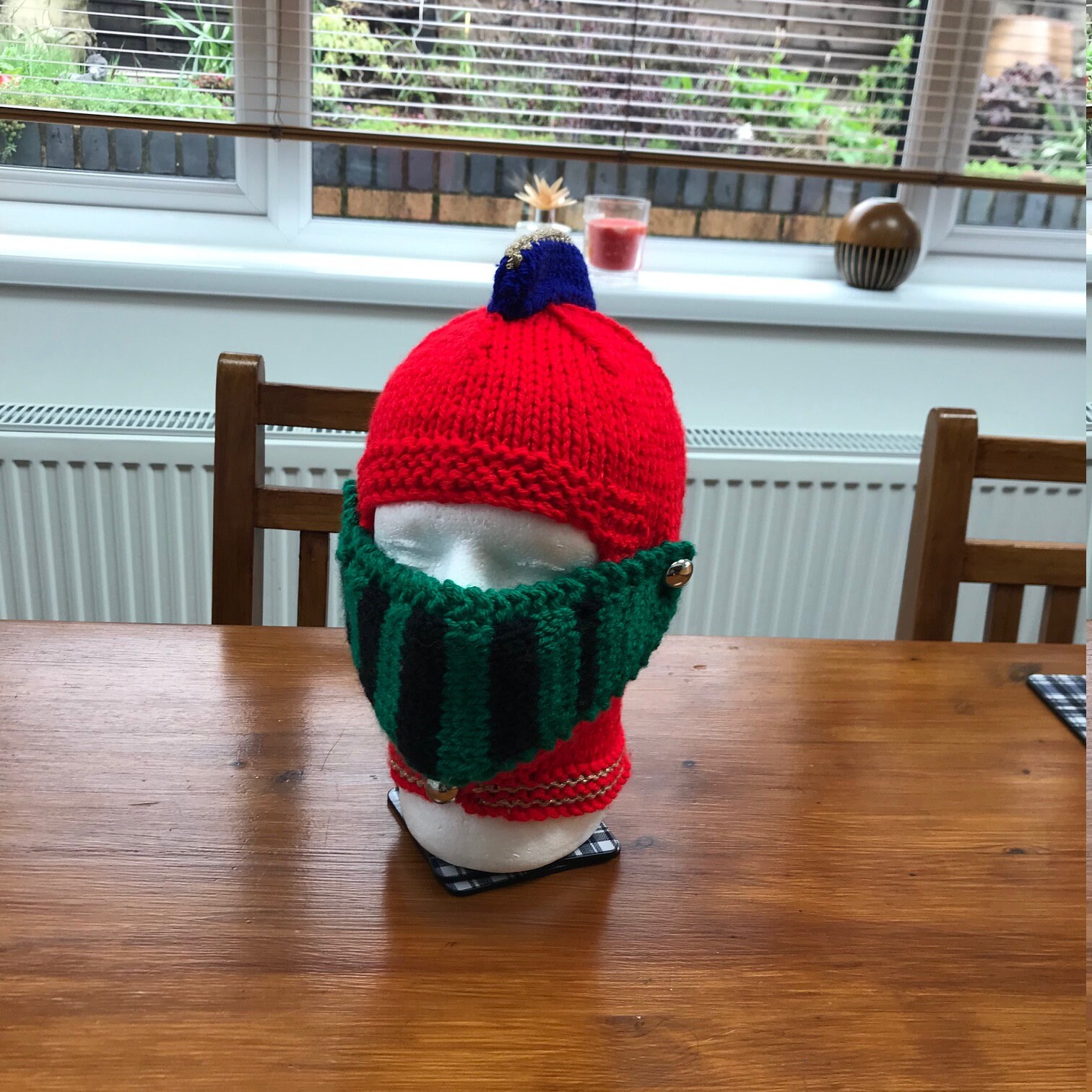 Hand Knitted Knights Helmet for Child or Small Adult in Red With Blue ...
