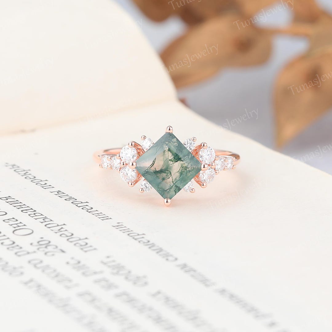 Vintage Princess Cut Moss Agate Engagement Ring Rose Gold Wedding Ring ...