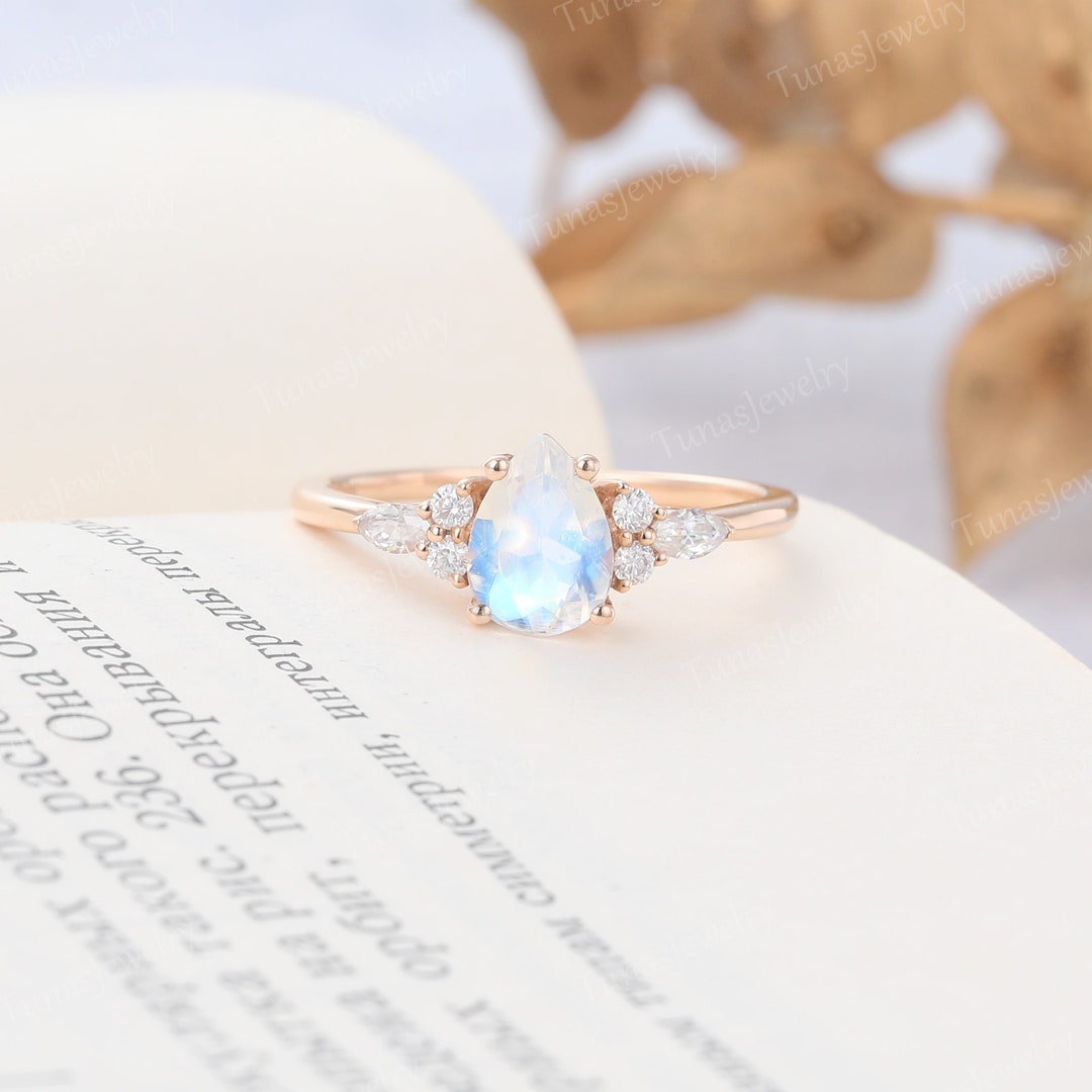 Pear Shaped Moonstone Ring Vintage Rose Gold Engagement Ring Women ...