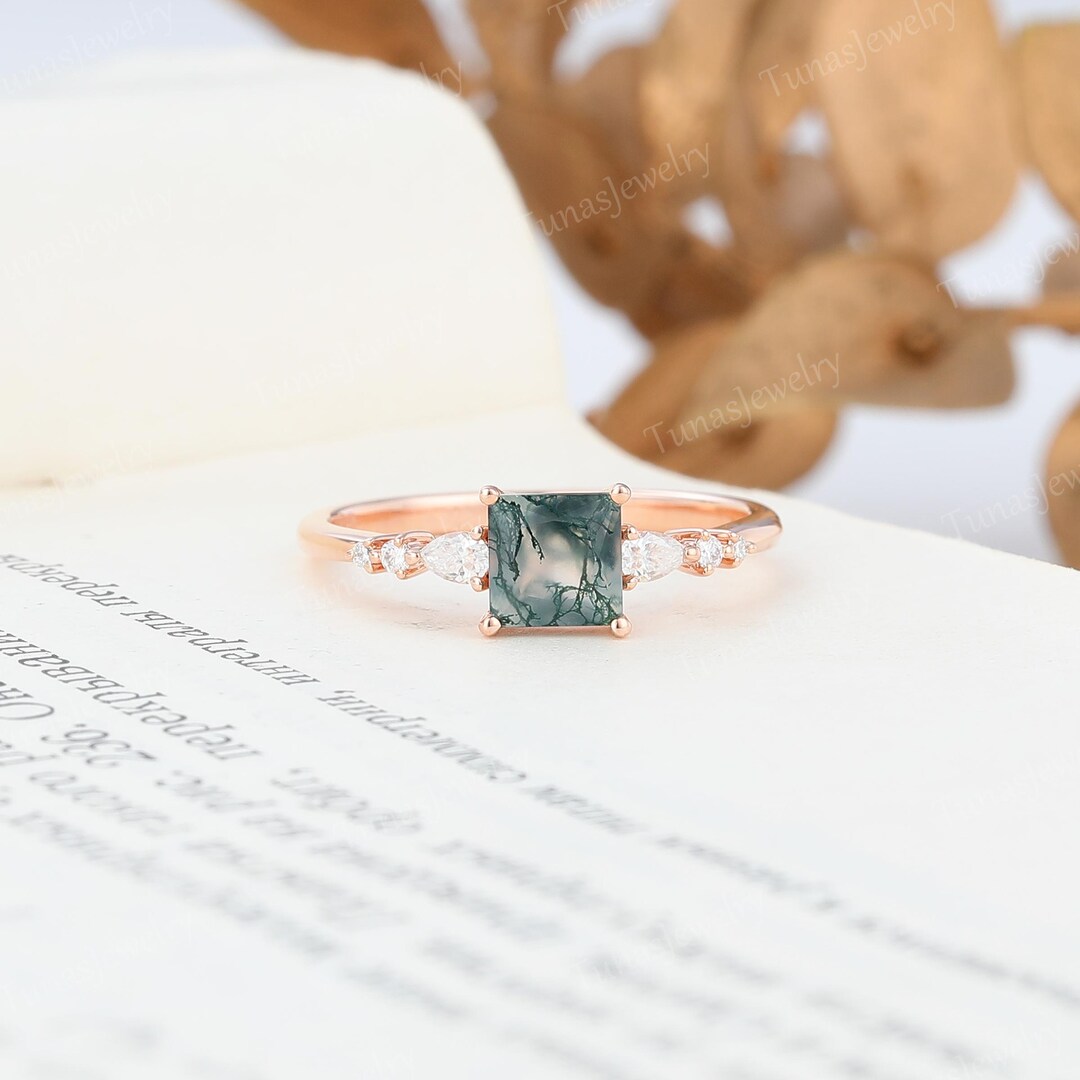 Princess Cut Moss Agate Engagement Ring Rose Gold Unique Inspired ...