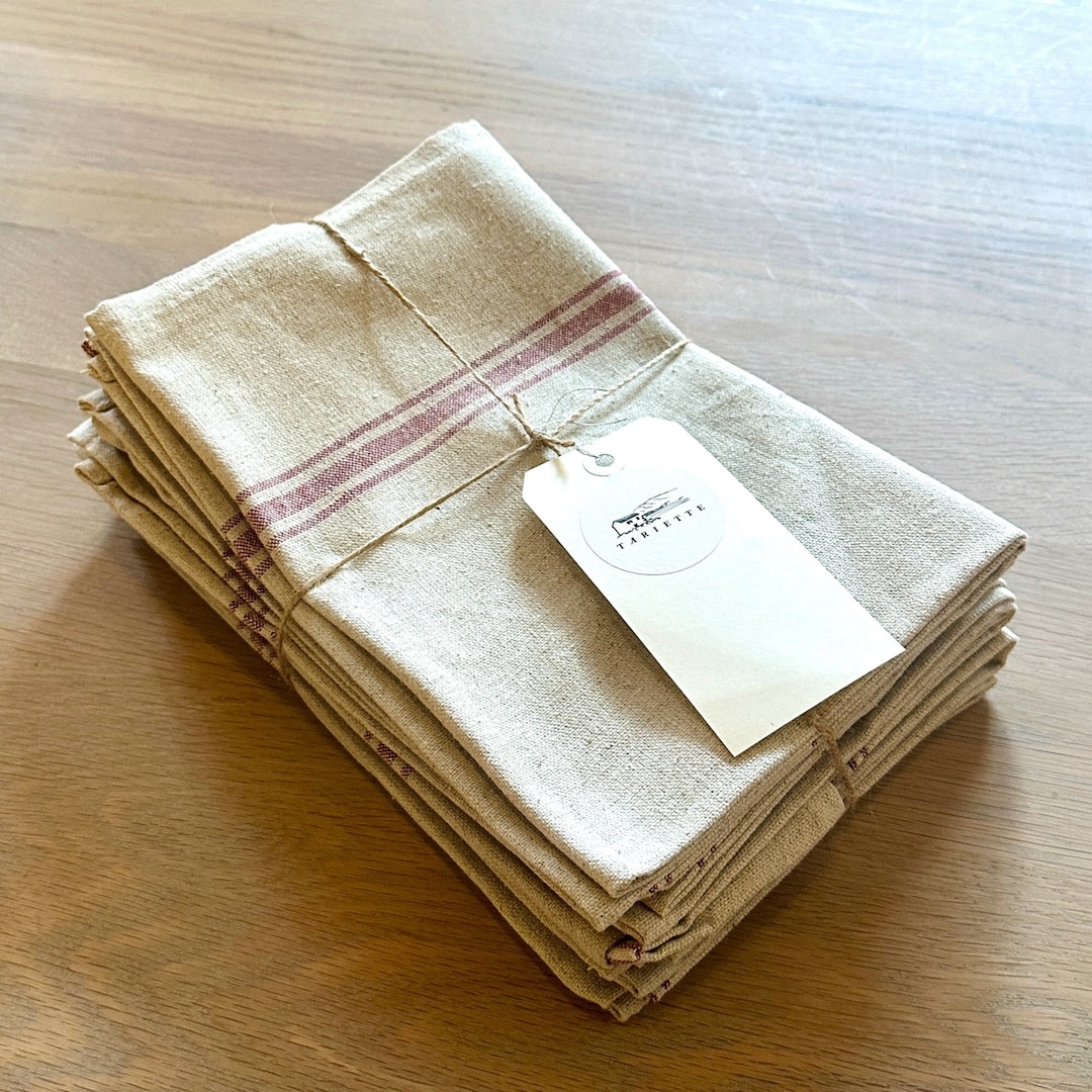Rustic French Linen Tea Towels - Set of 6 - Kitchen Cloths With Red Stripes - Etsy