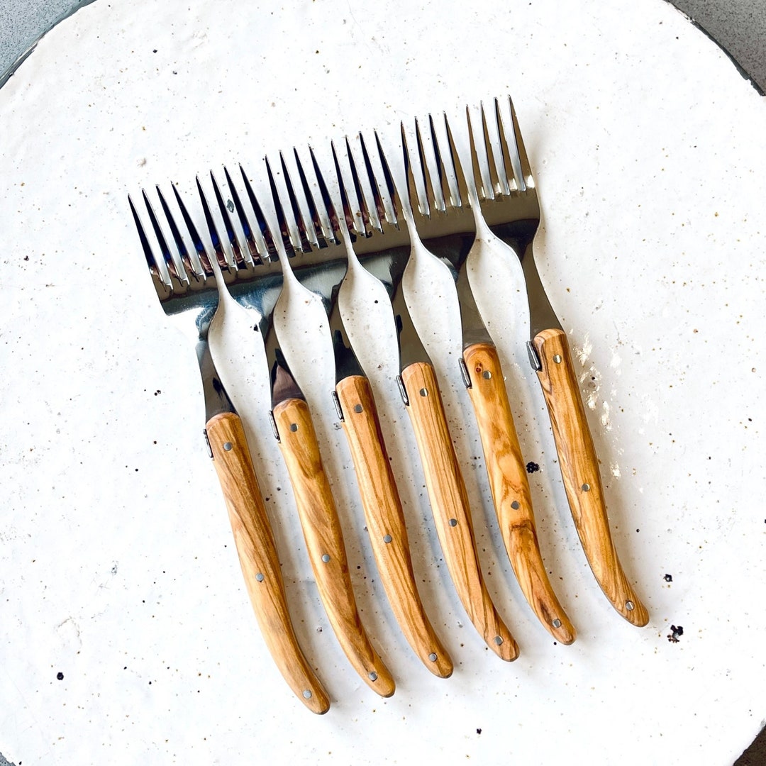 Laguiole Forks Luxury Set - 6 Pieces - Olive Wood Handle, Hand-carved ...