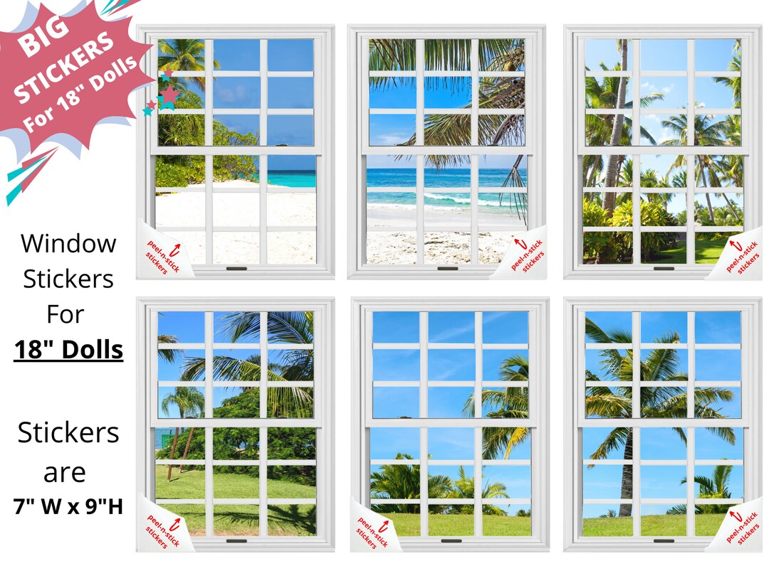 18" Doll Window STICKER SET - Beach and Tropical Scene Window Sticker ...