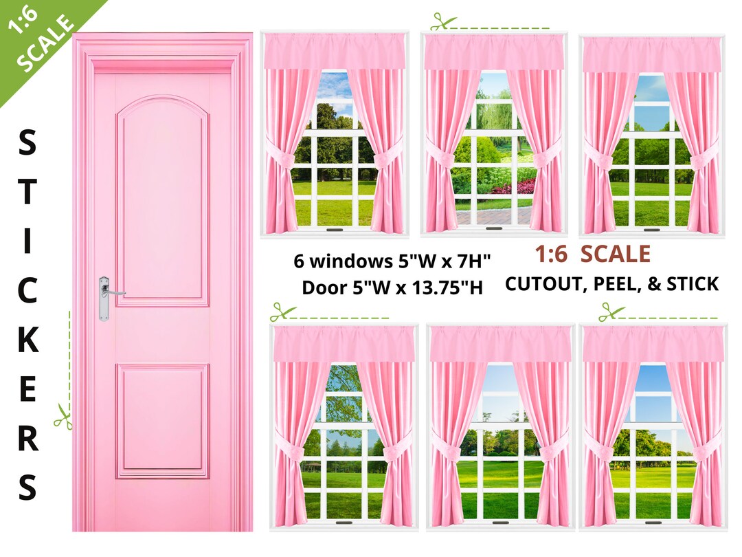 STICKERS 1:6 Scale 6 Pink Curtained Windows and Door STICKER SET for 11 ...