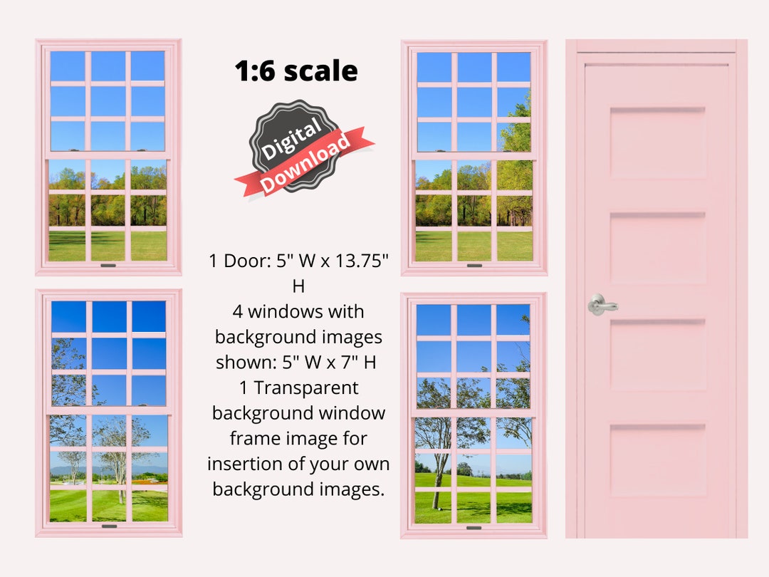 DIGITAL DOWNLOAD 1:6 Scale 4 Pink Windows and a Door for 11.5" to 12 ...