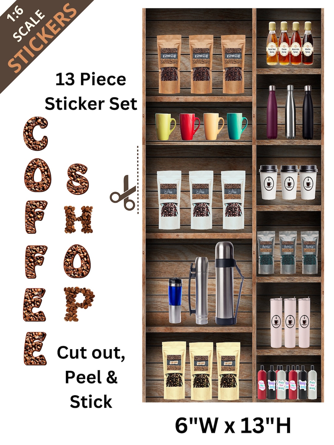 STICKERS 1:6 SCALE - 1 Coffee Display Sticker, 3 Menu Stickers, and 9 ...