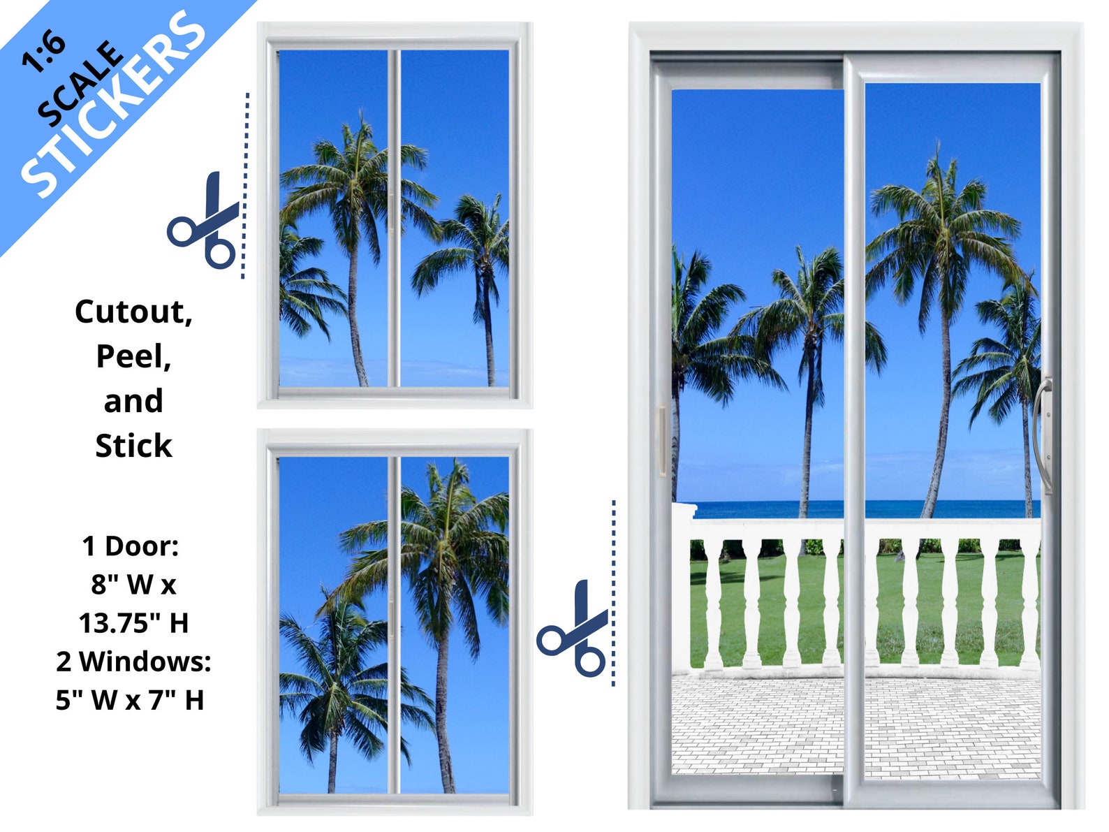 STICKERS 1:6 Sliding Glass Door & Windows With Balcony, Palm Trees ...