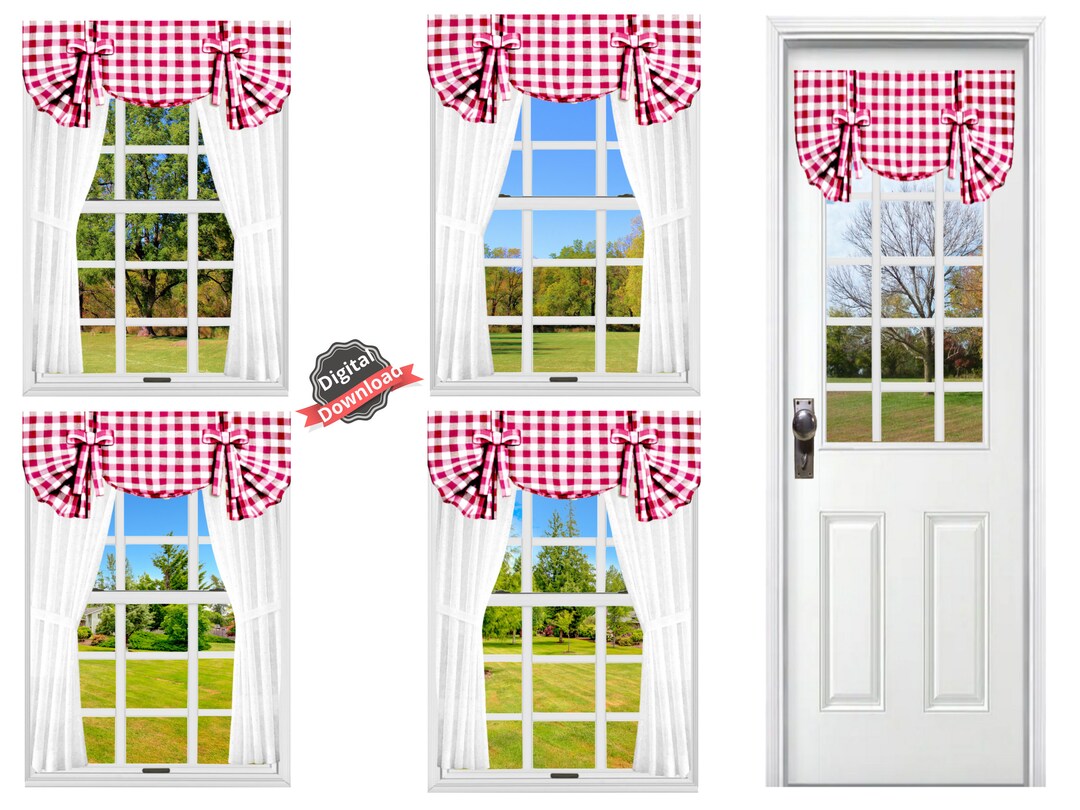 DIGITAL DOWNLOAD 1:6 Scale Four Windows Red and White Check Curtains ...
