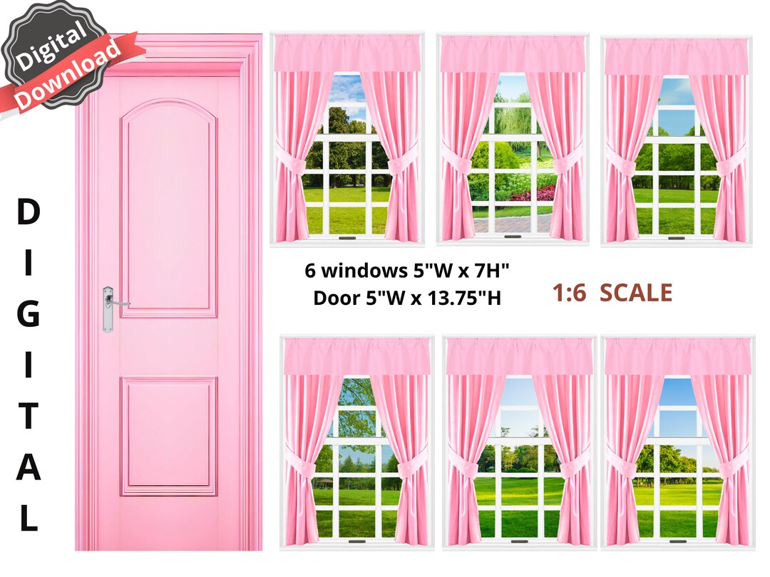DIGITAL DOWNLOAD 1:6 Scale Pink Curtained Windows and Door Prints - Etsy