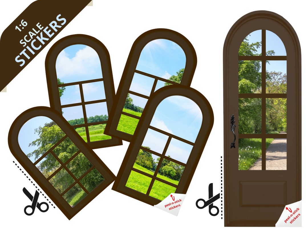 STICKERS 1:6 Scale 4 Arched Dark Brown Windows and Door STICKER SET for ...