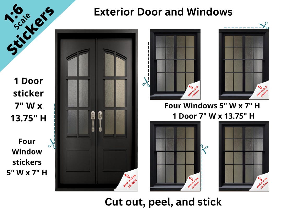STICKERS 1:6 Scale 4 Black Windows and French Door STICKER SET for 11.5 ...