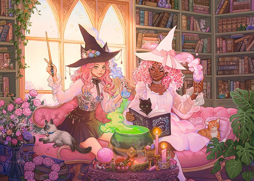 Enchanted Library Rose Witch Pink Cats Adorable Girls Art - Etsy
