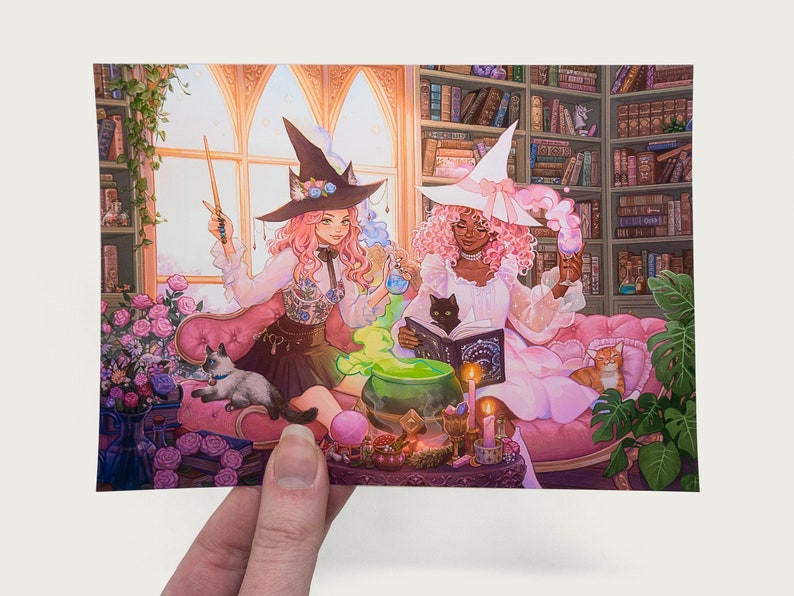 Enchanted Library Rose Witch Pink Cats Adorable Girls Art - Etsy