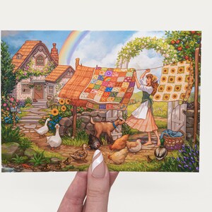 Rainbow Quilt Homestead Cottagecore Art Print, Chickens, Geese, Goat ...