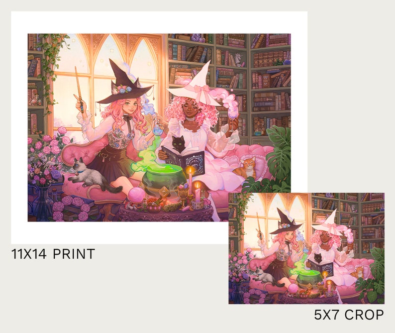 Enchanted Library Rose Witch Pink Cats Adorable Girls Art - Etsy