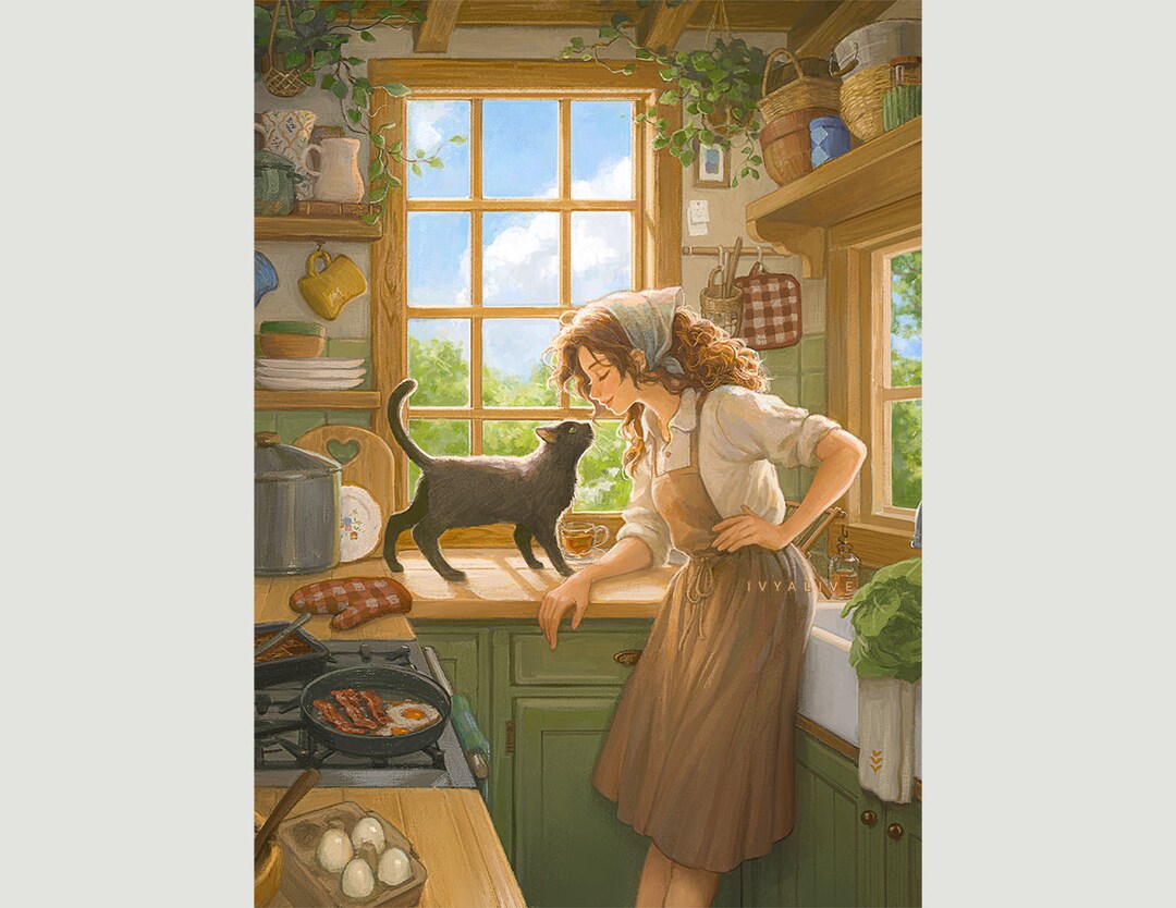 Breakfast Buddies - Cottagecore Art, Black Cat Kitchen Garden Simple ...