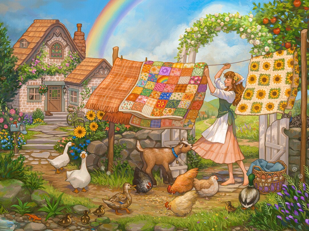 Rainbow Quilt - Homestead Cottagecore Art Print, Chickens, Geese, Goat ...