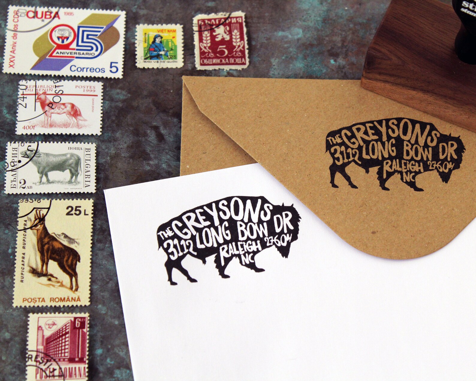 Custom Address Stamp, Buffalo Bison - Personalized Gift - Housewarming ...
