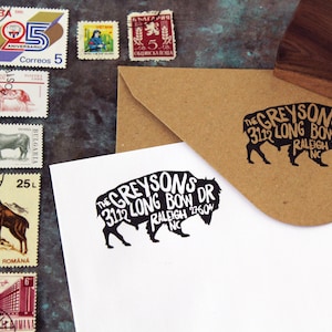 Custom Address Stamp, Buffalo Bison - Personalized Gift - Housewarming ...