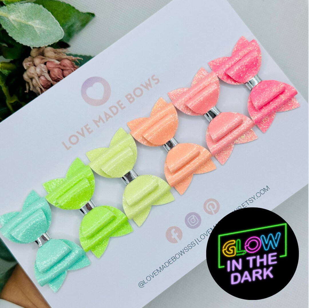 Glow in the Dark Hair Bows, Fine Glitter Bow, Faux Leather Bows, Neon ...