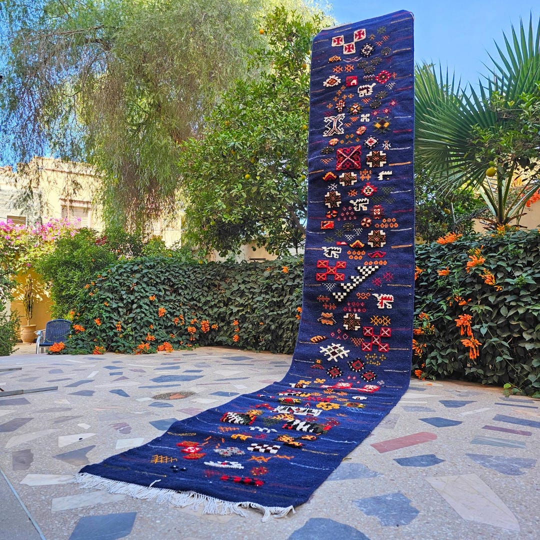 Morrocan Runner Blue, Custom Hallway Rug, Handmade Berber Wool Rug With ...