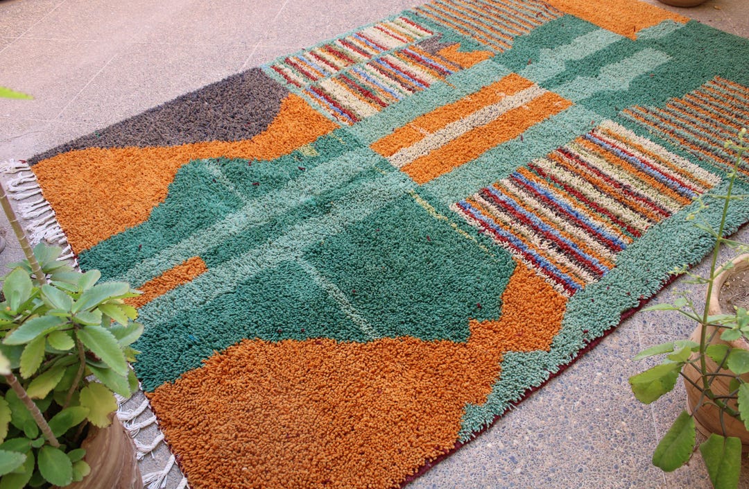 Green Moroccan Rug, Berber Rug, Green and Orange Rugs, Hand Knotted ...