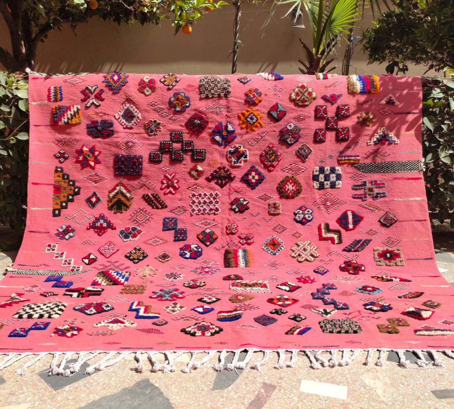 Awal - Dusty Rose Taznakht Rug | Vibrant Amazigh Symbol Wool Carpet ...