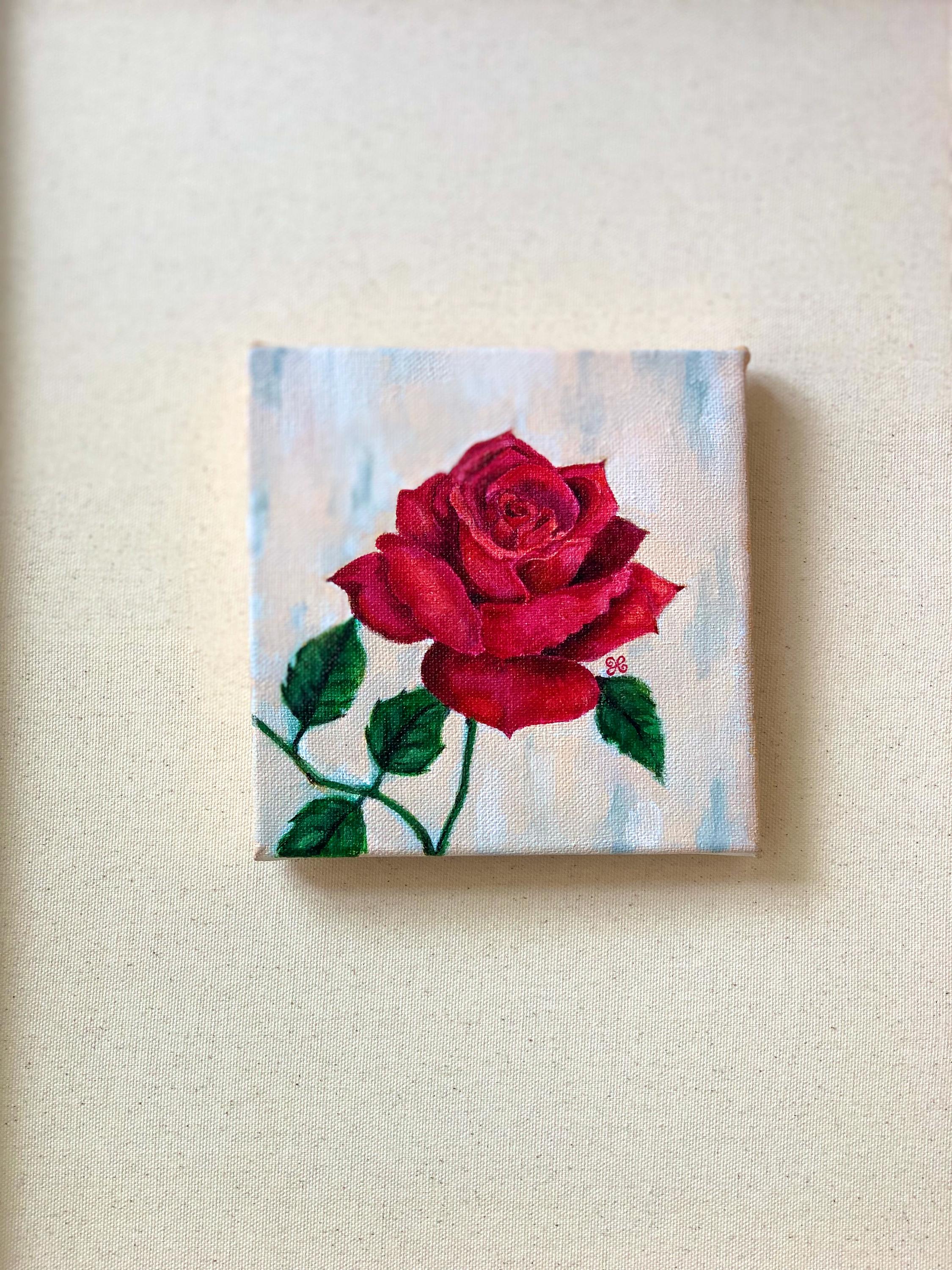 Original Red Rose Flower Acrylic Painting, Floral, Crimson, Small ...