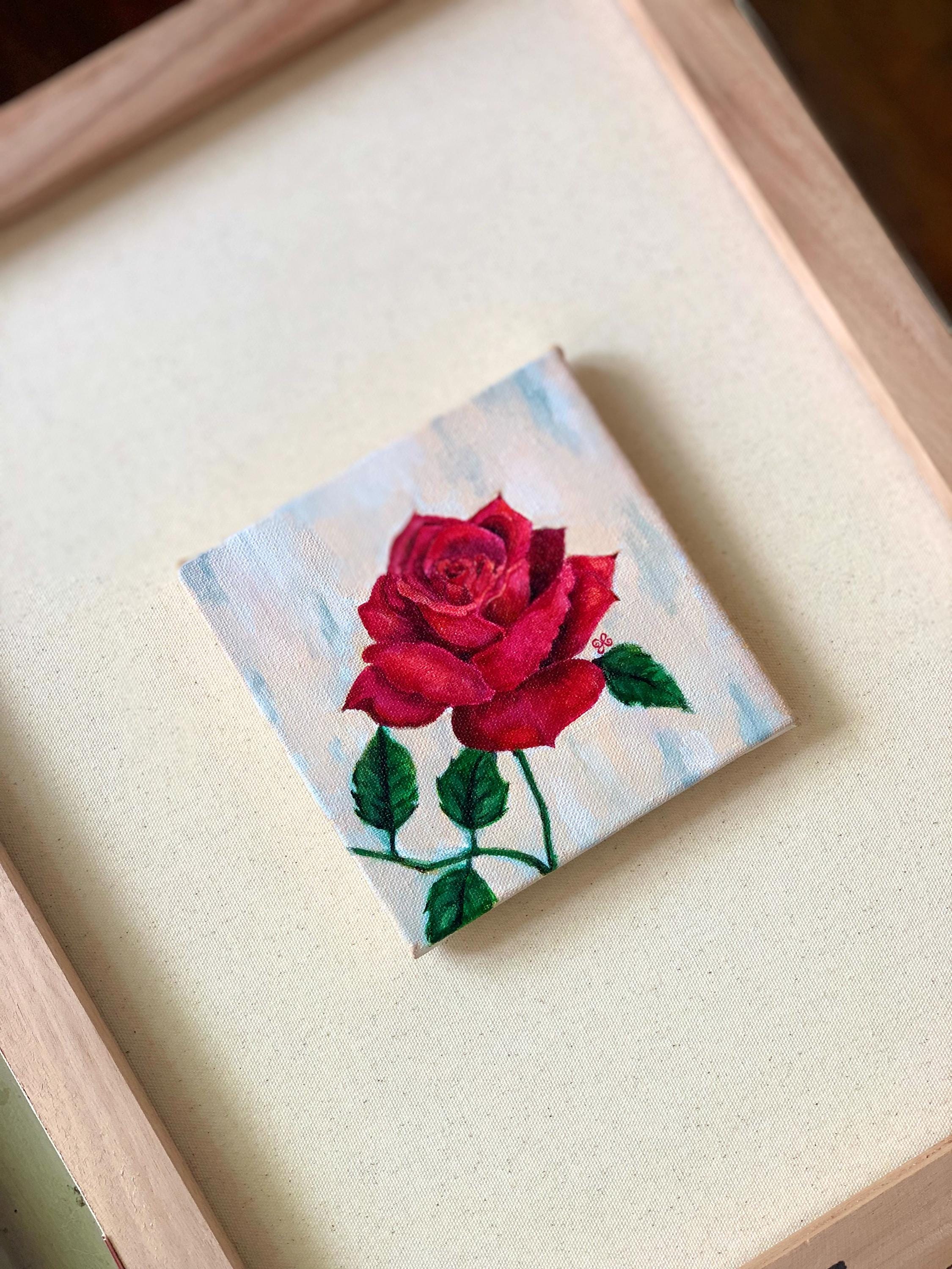 Original Red Rose Flower Acrylic Painting, Floral, Crimson, Small ...