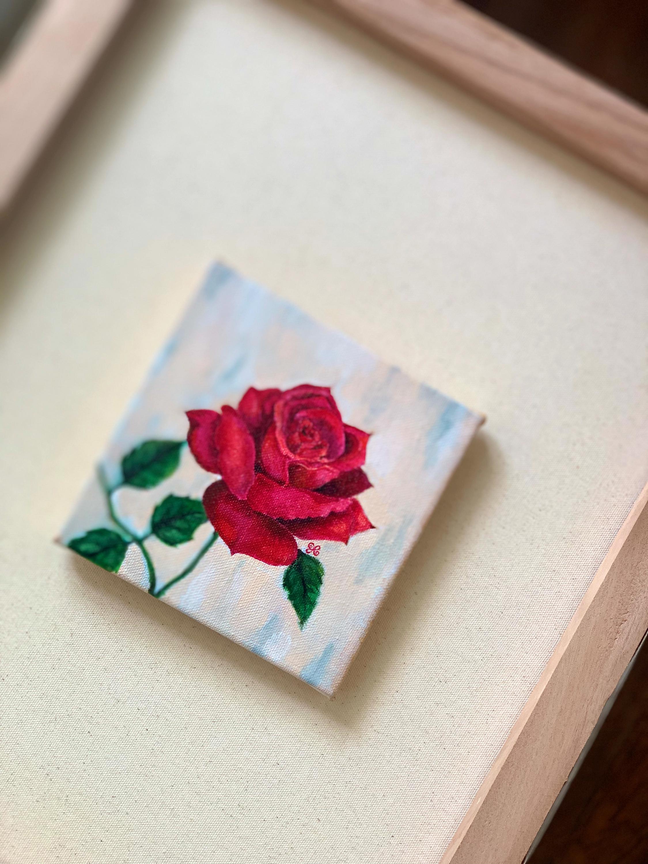 Original Red Rose Flower Acrylic Painting, Floral, Crimson, Small ...