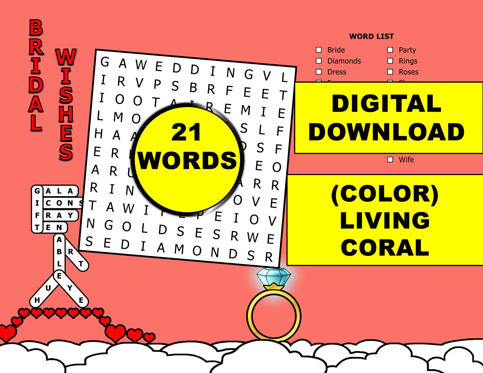 Bridal Shower Word Search 11x11 Grid Living Coraldigital - Etsy