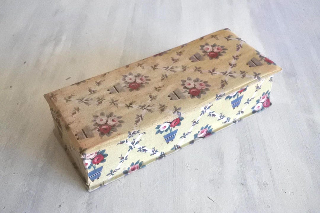 French Vintage Cartonnage Box Yellow Rose Pattern 24 X 10.2 Cm #2 ...