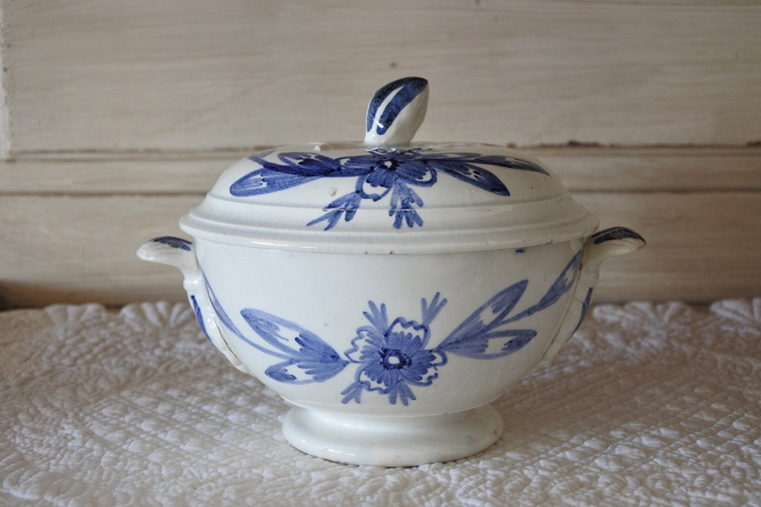 French Vintage Bouillon Bowl With Lid, White With Blue Flowers - Etsy