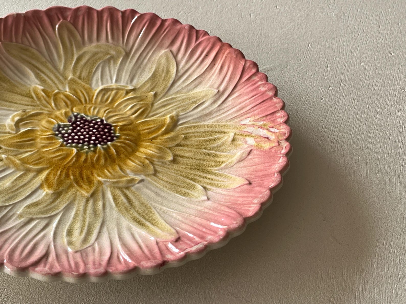 France Antique French Vintage Barbotine Lovely Pink Flower Plate 22.5cm ...